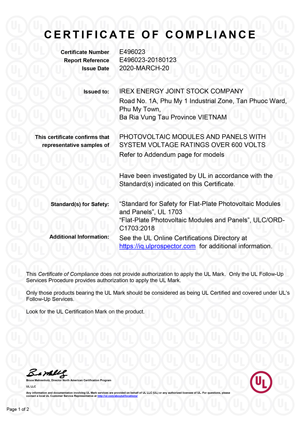 Tấm pin năng lượng mặt trời IREX - Tiêu Chuẩn Quốc Tế